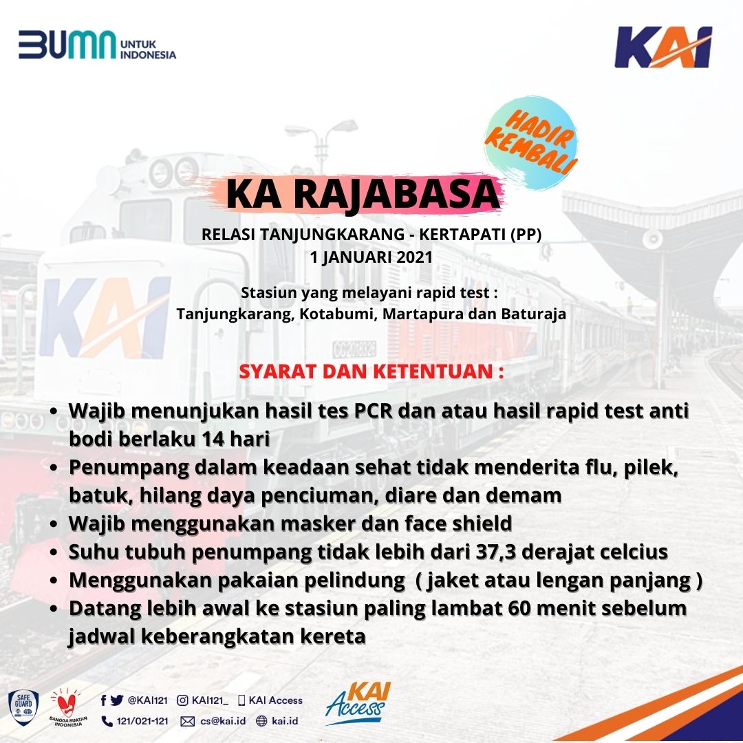 KA Rajabasa Kembali Beroperasi Mulai 1 Januari 2021